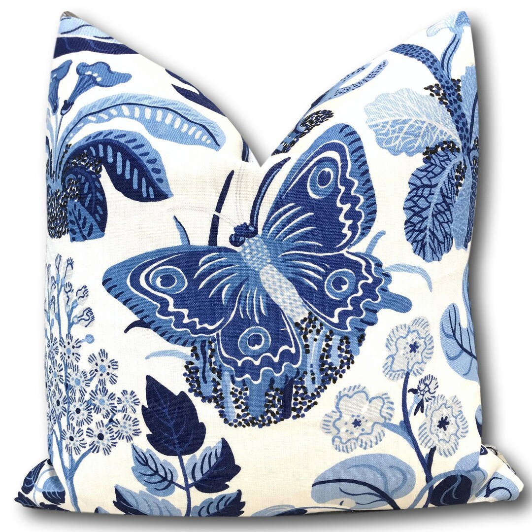 Porcelain Blue Toile Pillow Schumacher Exotic Butterfly Multi Marine ...