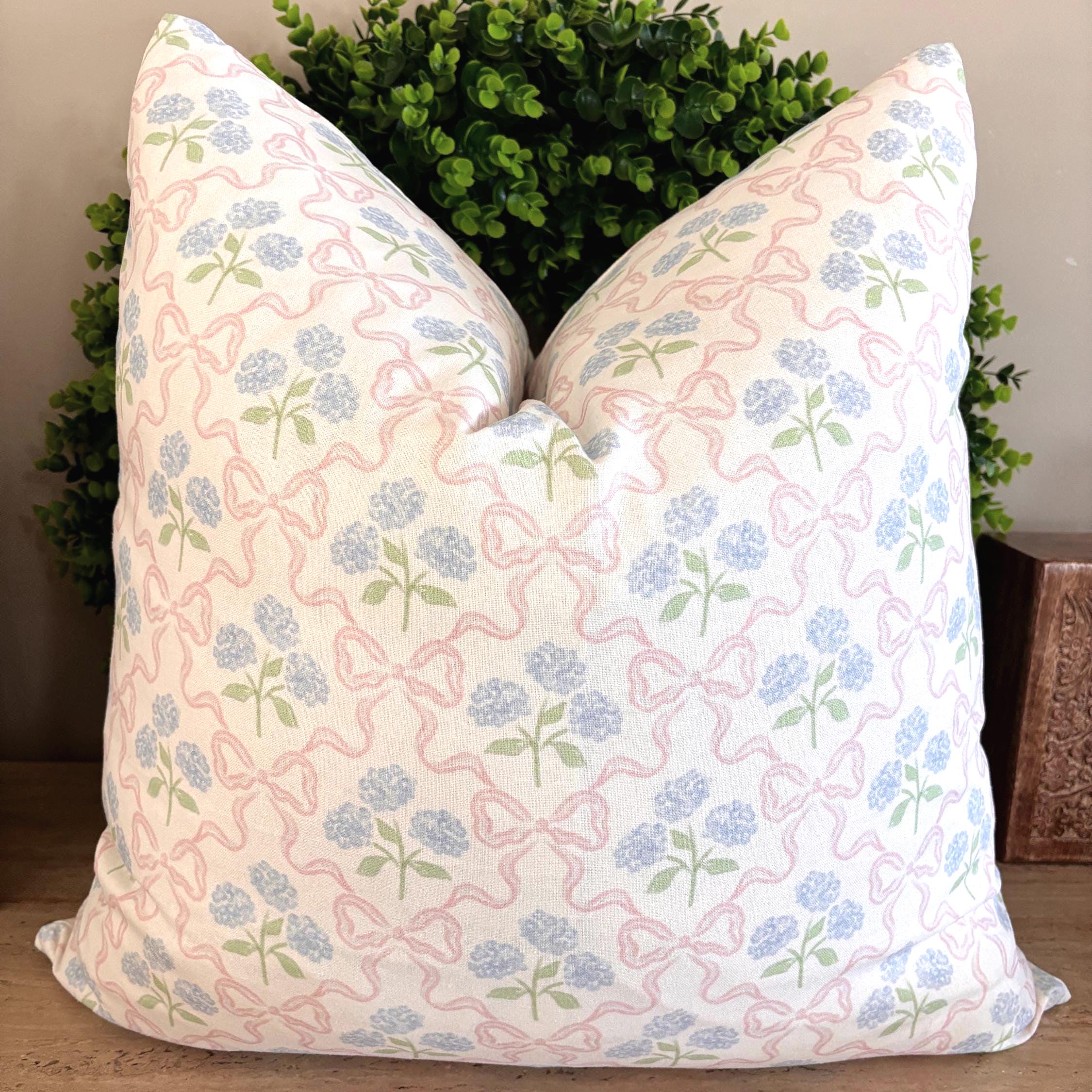 Soft Blue Hydrangea Pillow, Pink Bow Pillow, Preppy Pink Throw Pillow ...