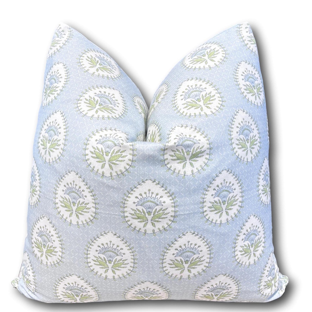 Spa Blue Pillow Cover in a Pastel Blue on Soft Green Floral Block Print ...