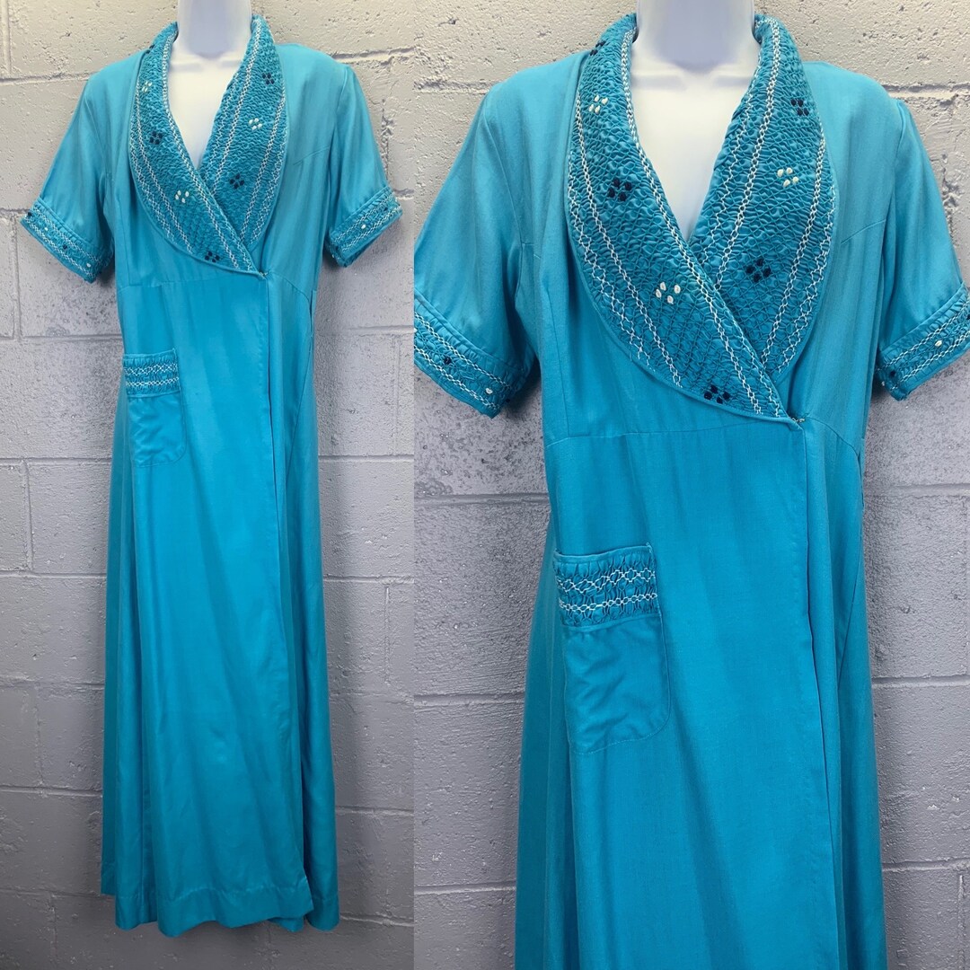 Vintage Mid Century Turquoise Blue Hand Smocked Embroidered Dressing ...