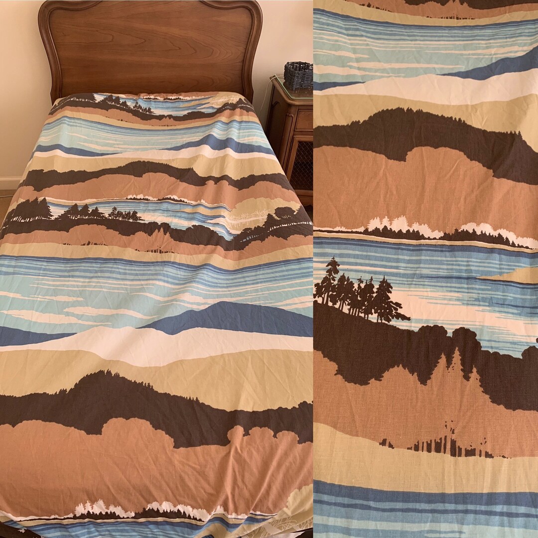 Vintage 1970s Burlington House the Mountains Full Sheet Set Flat Sheet ...