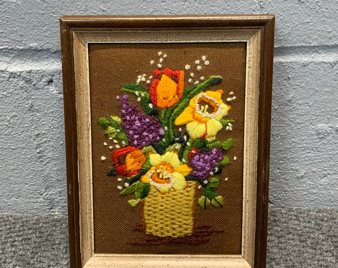 Vintage 1970s 80s Framed Flower Basket Crewel Small Size Boho Home ...