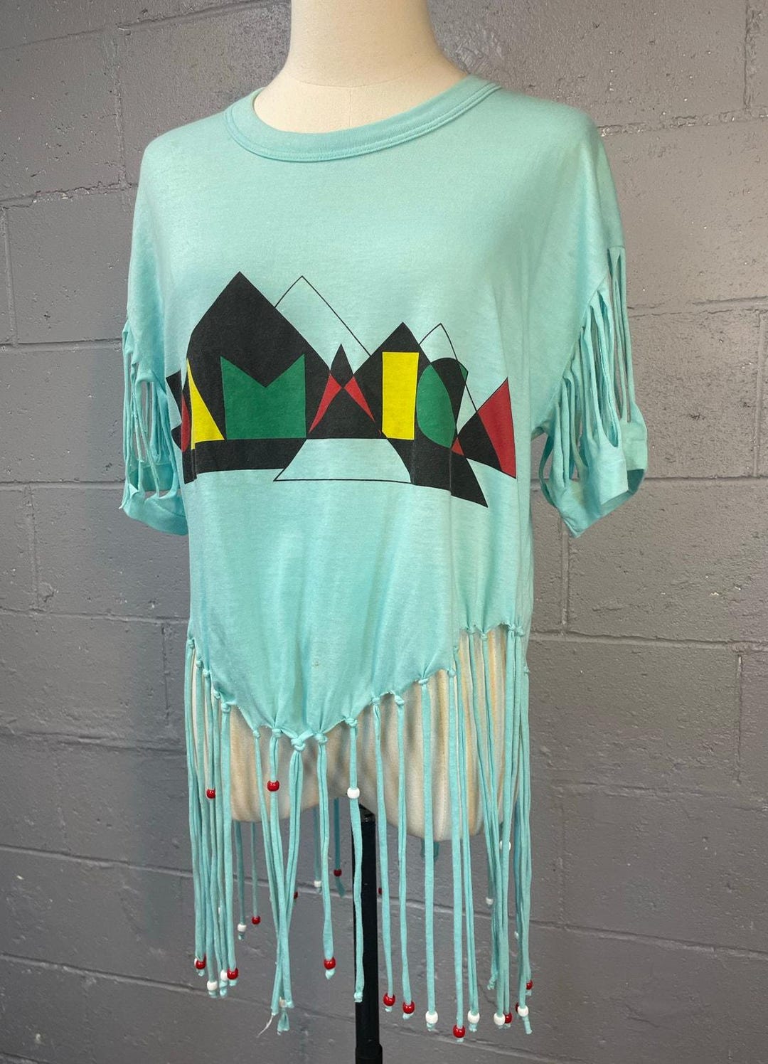 Vintage 80s Asymmetric Beaded Fringe Razor Cut Single Stitch Tshirt ...