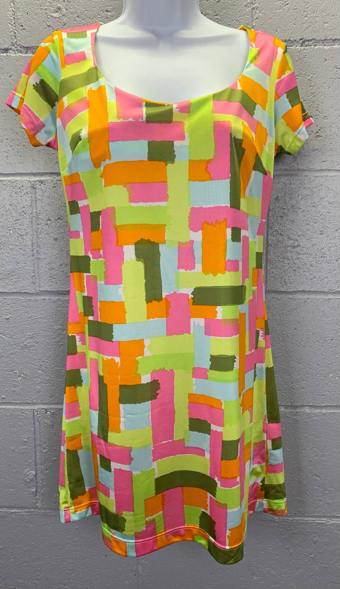 Vintage 90s Pastel Psychedelic Polyester Color Block Mini Dress Paint ...