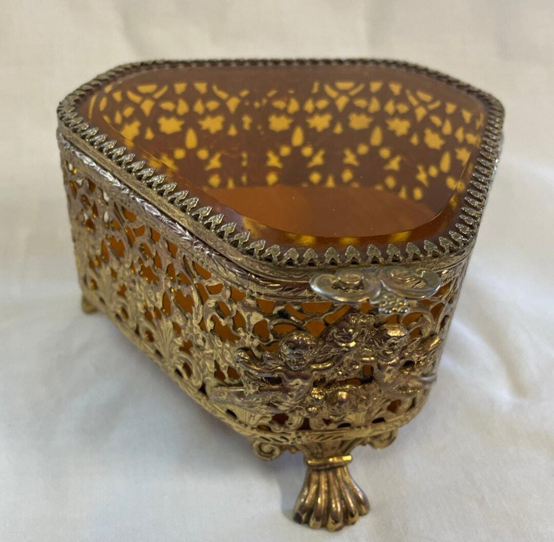 Vintage Triangle Amber Glass Ormolu Filigree Cherubs Casket Jewelry Box ...