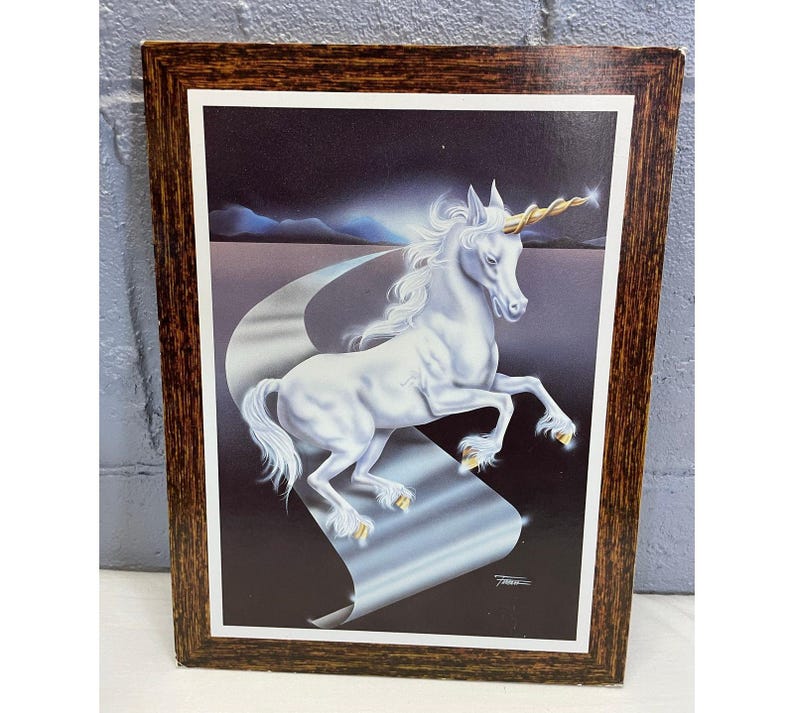 Vintage 1980s Unicorn Fantasy Art Print on Press Board White Horse ...