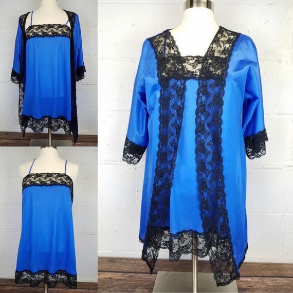 Vintage Sheer Sapphire Blue Nylon Peignoir Set With B Gem