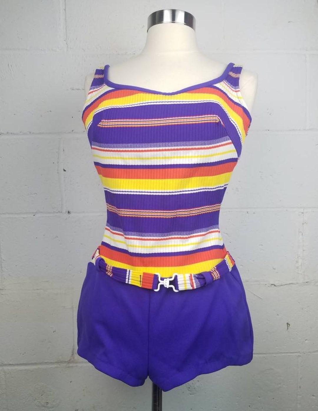 Vintage 1960s Purple Stretch Knit Nylon Striped One Piece Belted ...