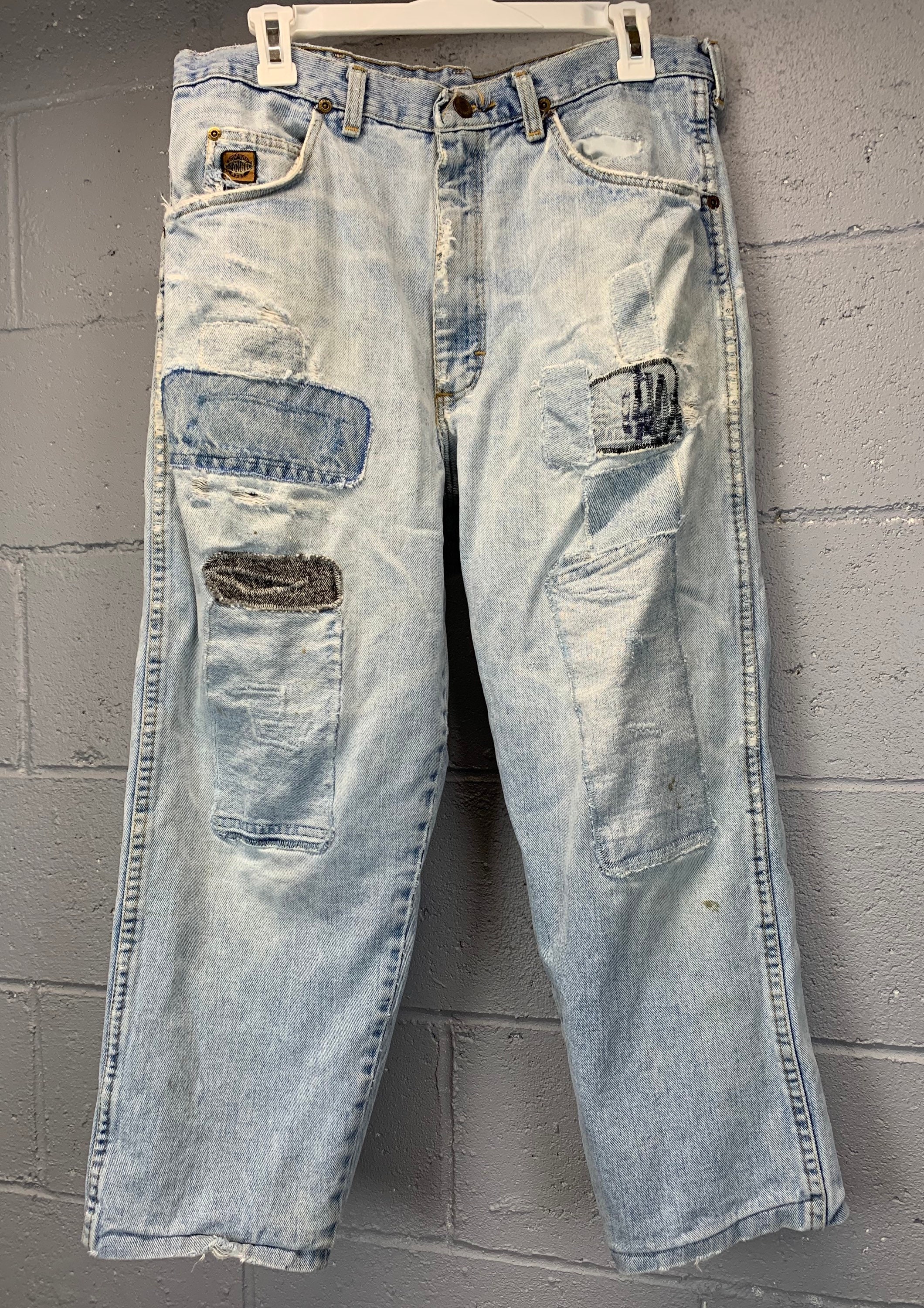 Vintage 1960s Faded Wrangler Jeans Patched Distressed Short Vintage 1960s Faded Wrangler Jeans Patched Distressed Short