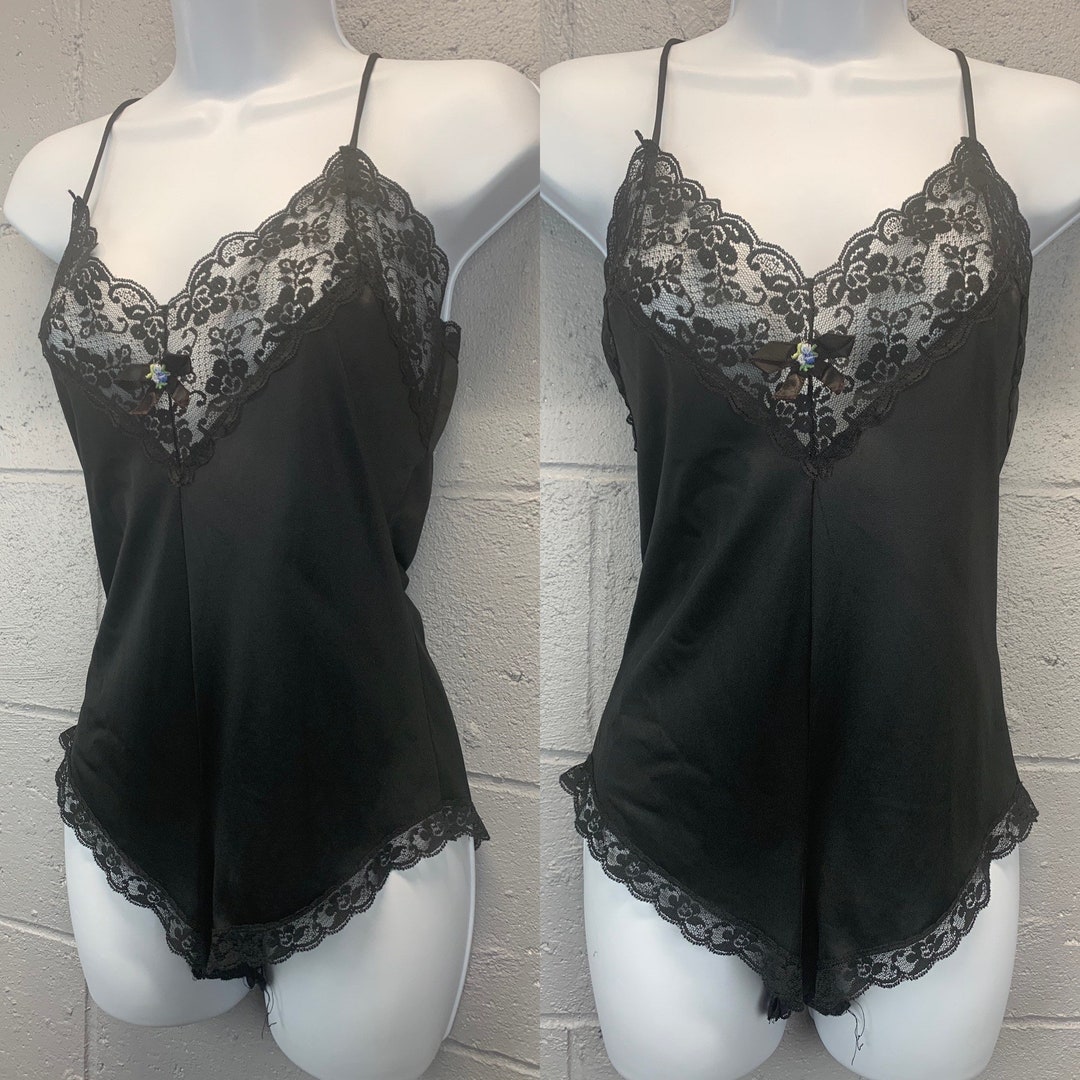 Vintage 1970s Black Nylon One Piece Teddy Lingerie Romper Lace Trimmed ...