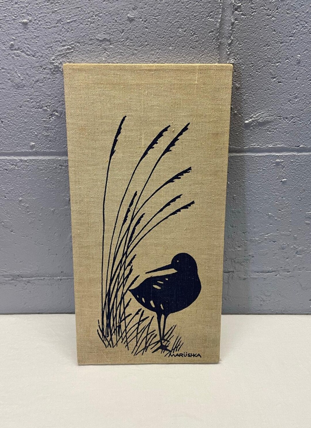 Vintage Marushka Linen Print Tan W/ Navy Blue Bird Sea Grass Beach ...