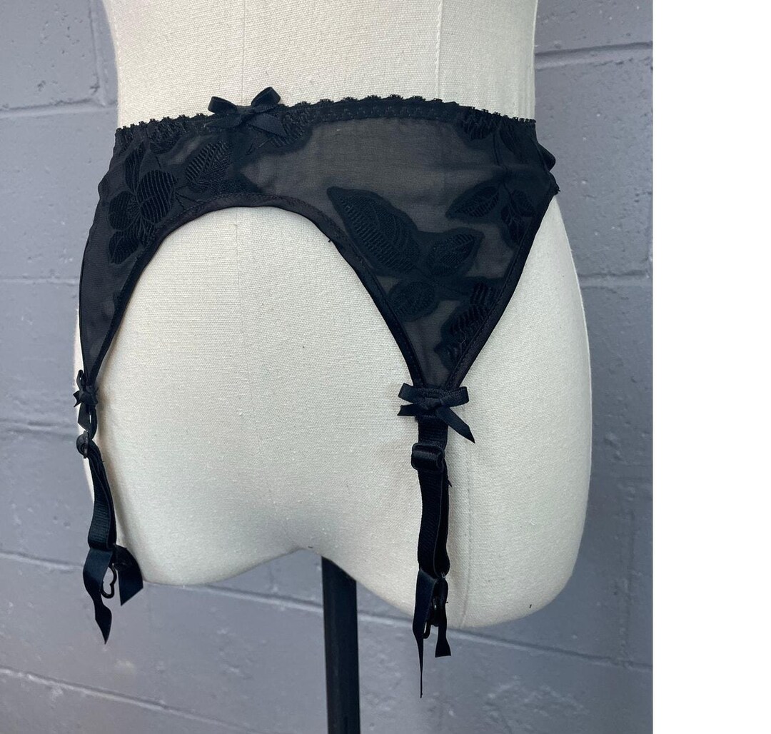 Vintage Sheer Black Jacquard Garter Belt Lingerie Medium Pin up Goth ...