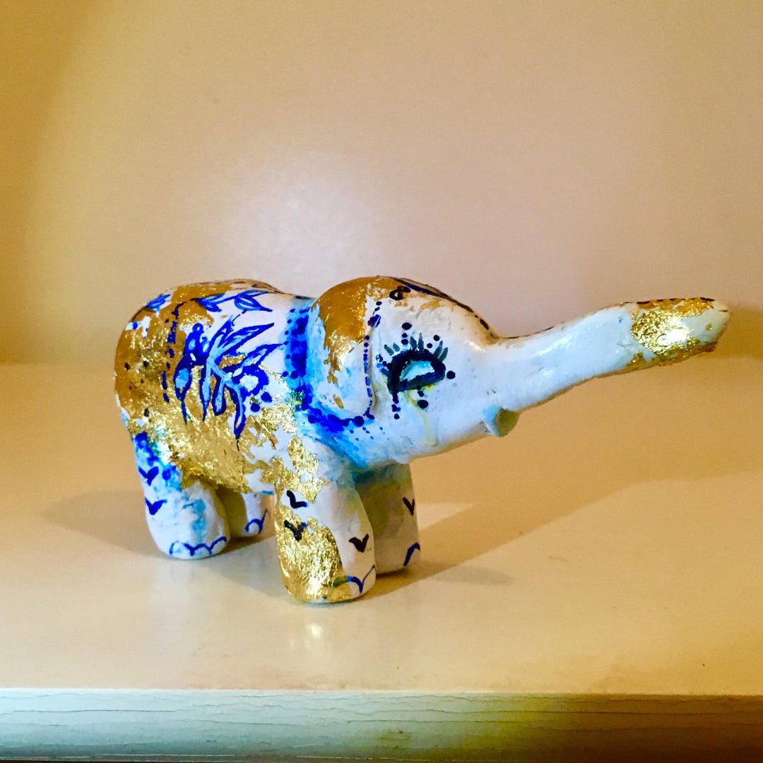 Handmade Clay Elephant Sculpture: Gold Leaf Willow Pattern Ornament - Etsy