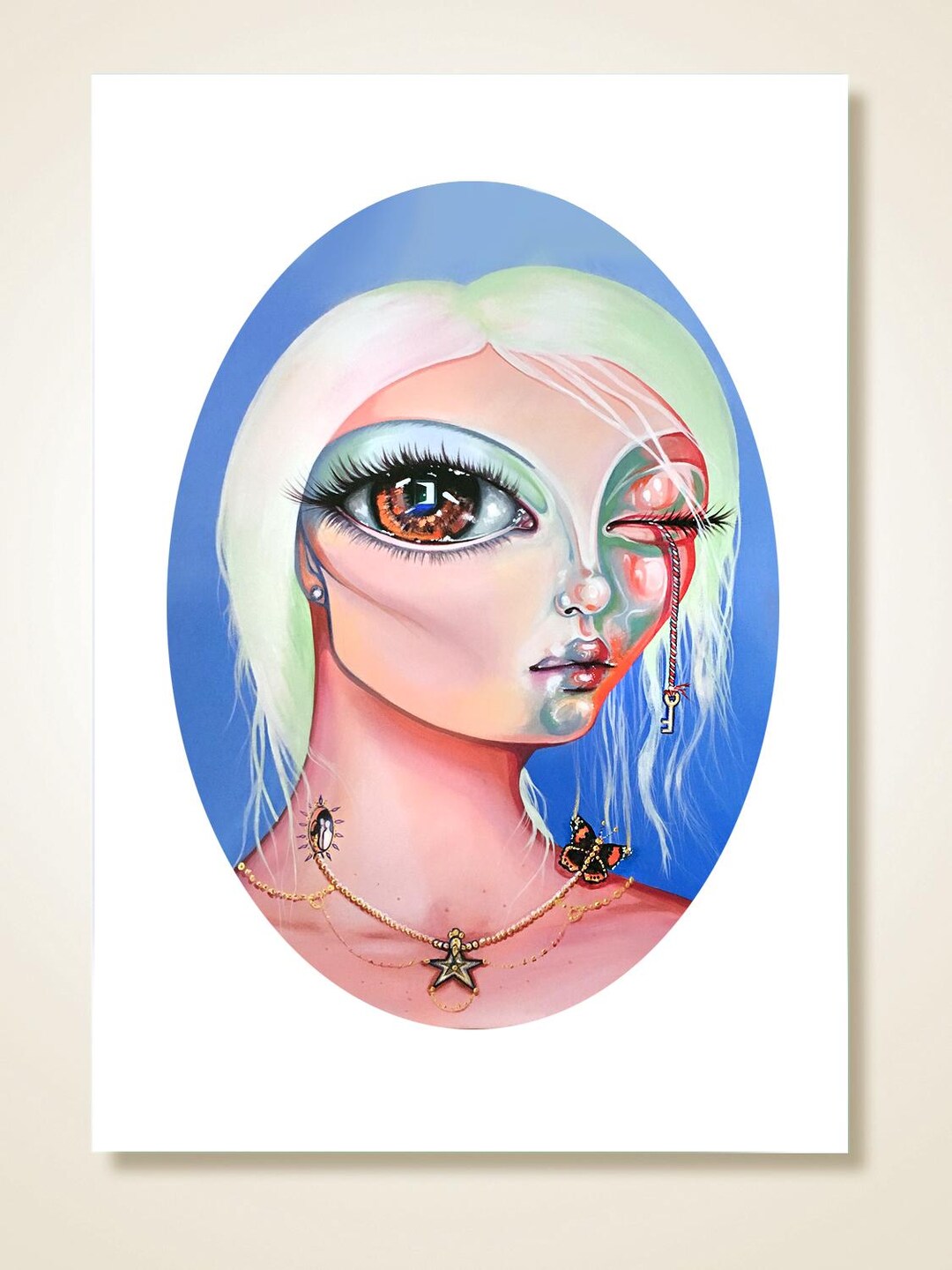 ORIGINAL Surreal Art, Lowbrow Art,face Print, Big Brown Eyes Art, Oil ...