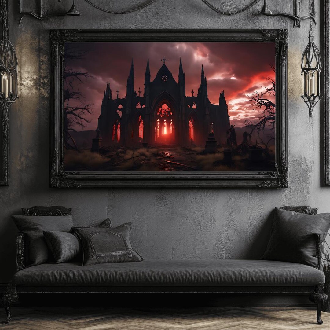 Dark Fantasy Cathedral Ruins Wall Art: Blood Red Sky, Haunted Abbey ...