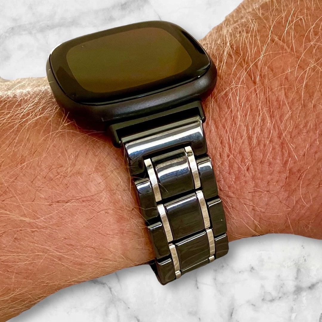 Fitbit Versa Striped Ceramic Watch Band 1-2-3-4 & Lite Sense 1-2 Black ...