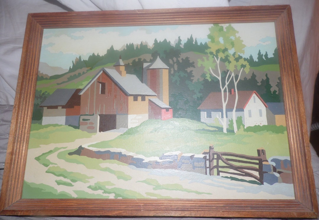 Vintage Paint by Numbers Painting Barn Nature Trees Framed Art 13.5 X 9 ...