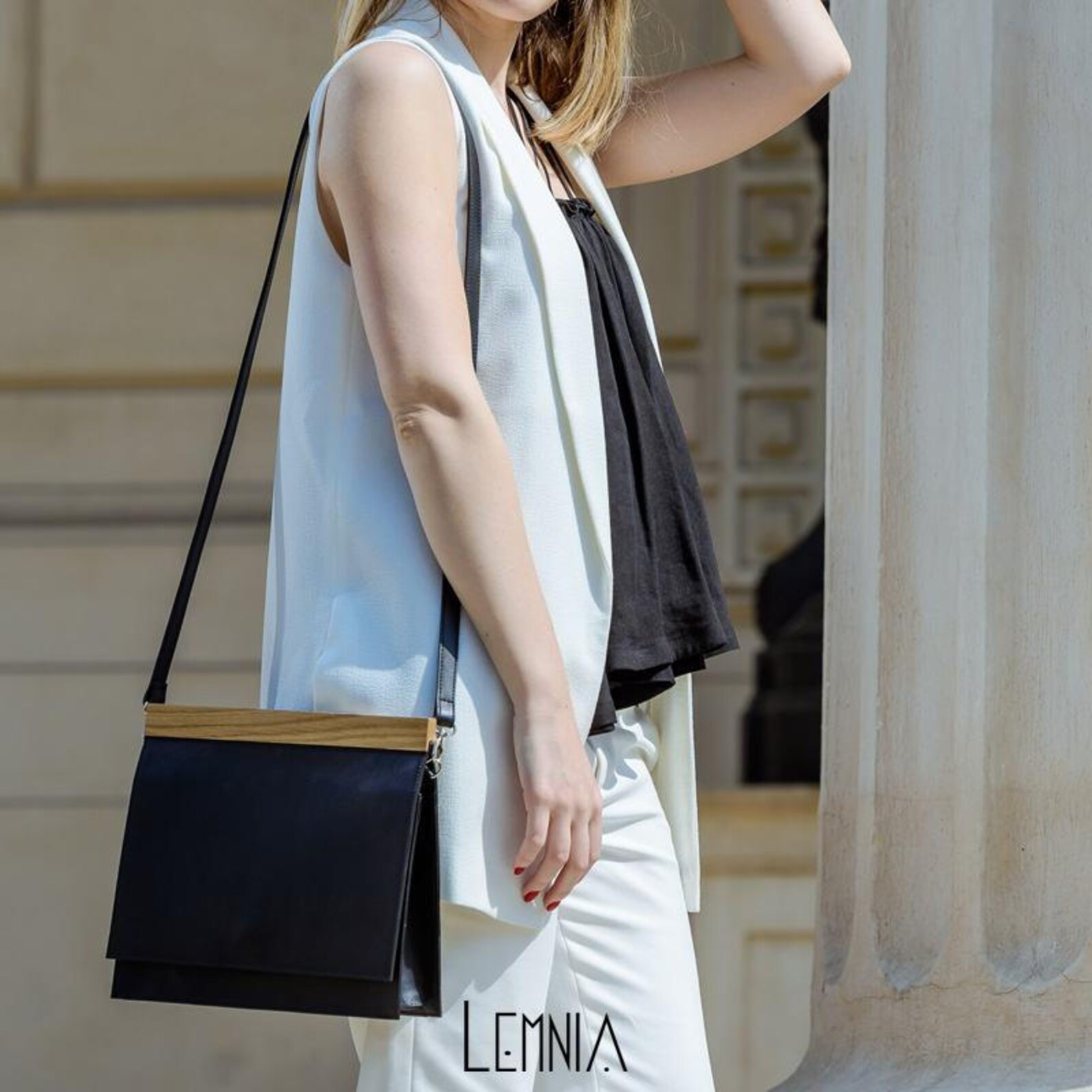 Minimalist Leather Bag With Oak Wood | Black Leather Evening Bag ...