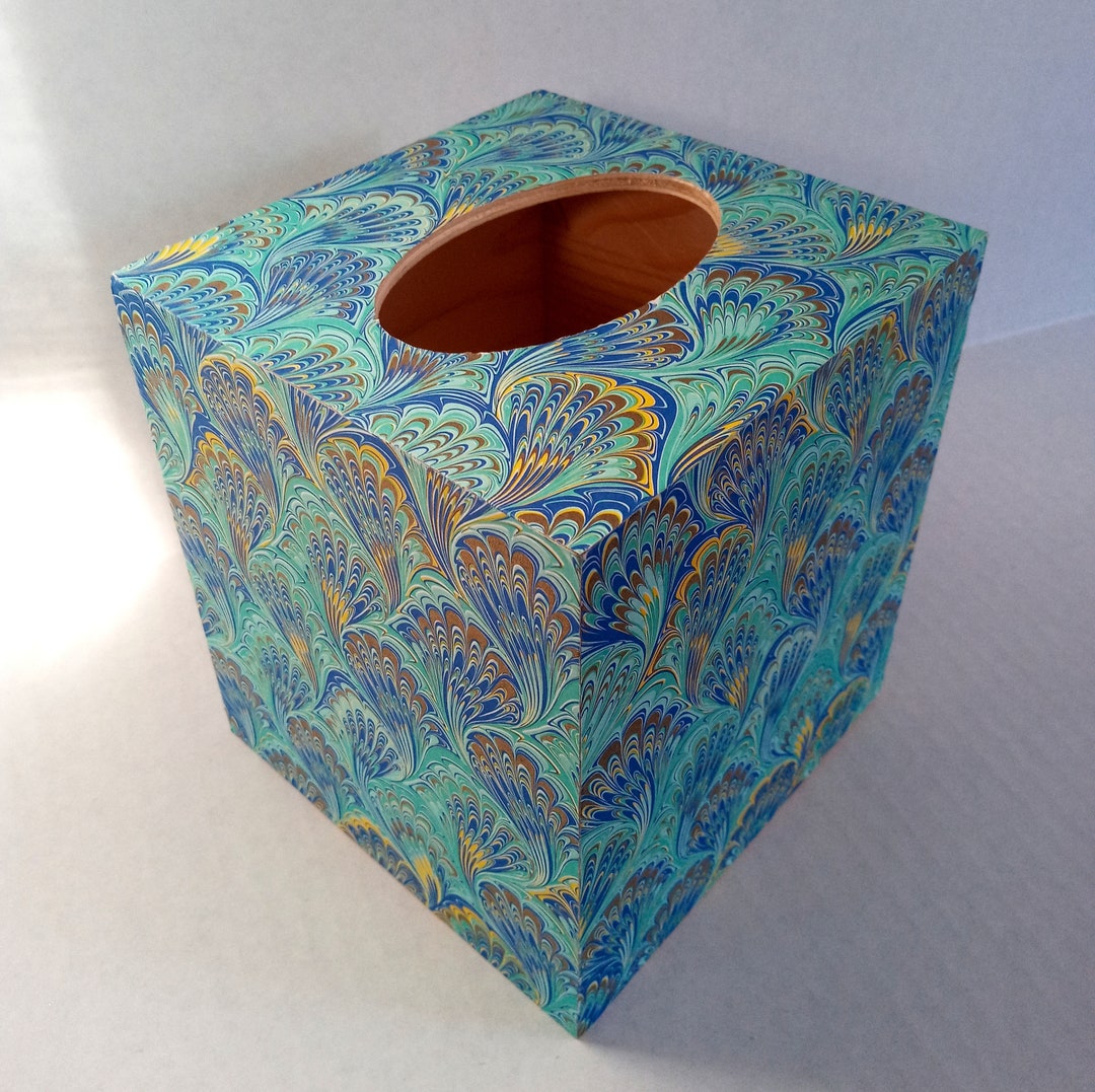 Beautiful Decoupage Wood Tissue Box Cover Blue and Aqua Marbeled ...