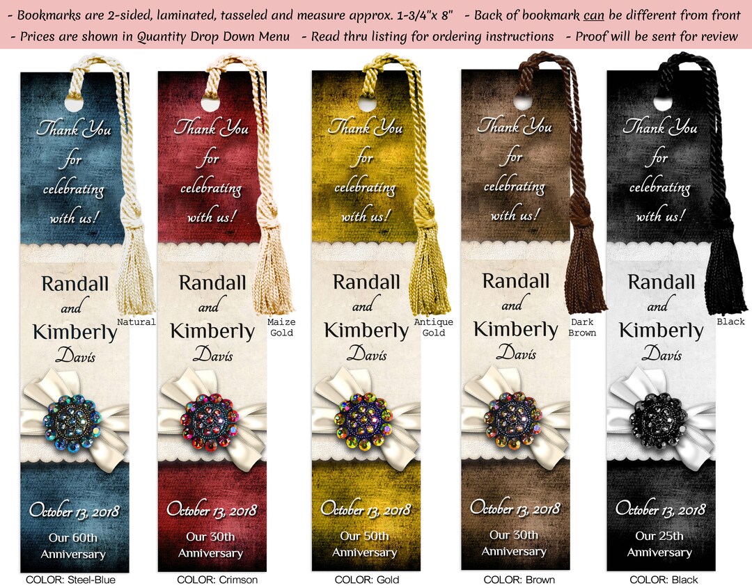 Anniversary Custom Bookmark Favor, Bookmarks, 25th, 50th Anniversary ...