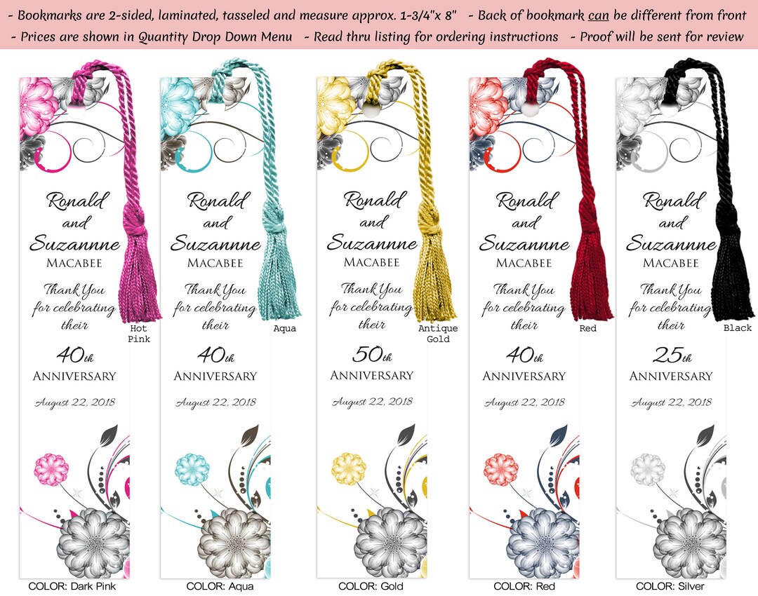 Anniversary Custom Bookmark Favor, Bookmarks, 25th, 50th Anniversary ...