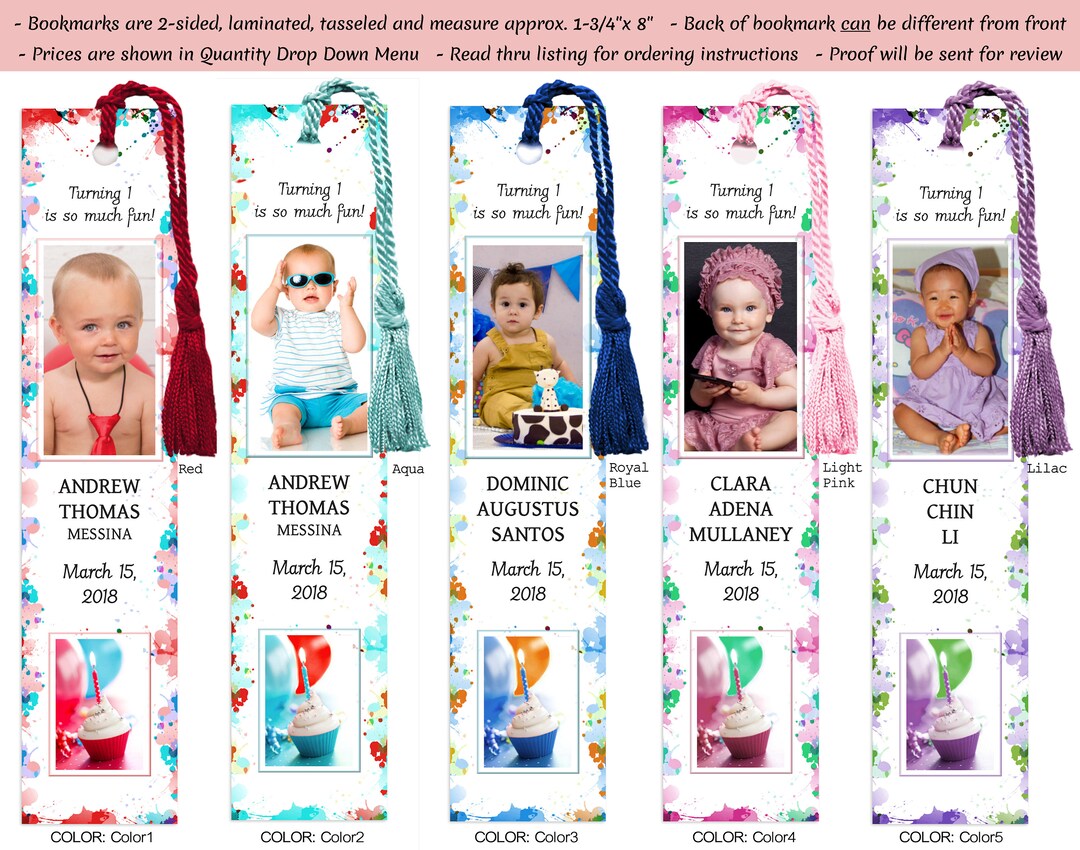 Birthday Bookmarks, Custom Bookmark, 1st Birthday, Photo Bookmark With ...