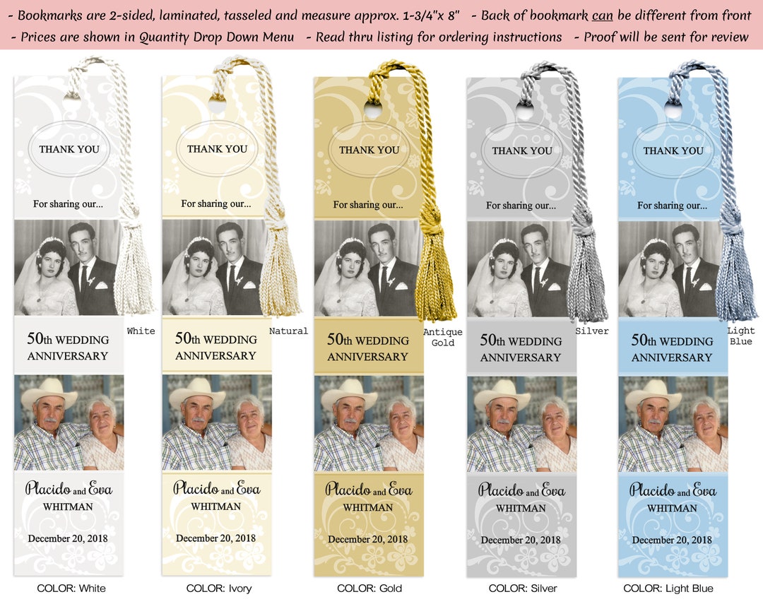 Anniversary Custom Bookmark Favor, Photo Bookmarks, 25th, 50th ...