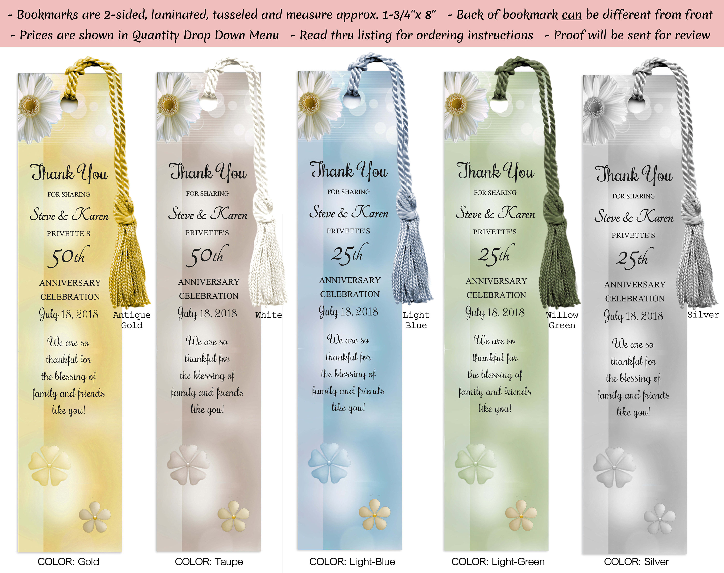 Anniversary Custom Bookmark Favor, Bookmarks, 25th, 50th Anniversary ...