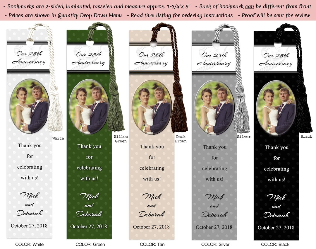 Anniversary Custom Bookmark Favor, Photo Bookmarks, 25th, 50th ...