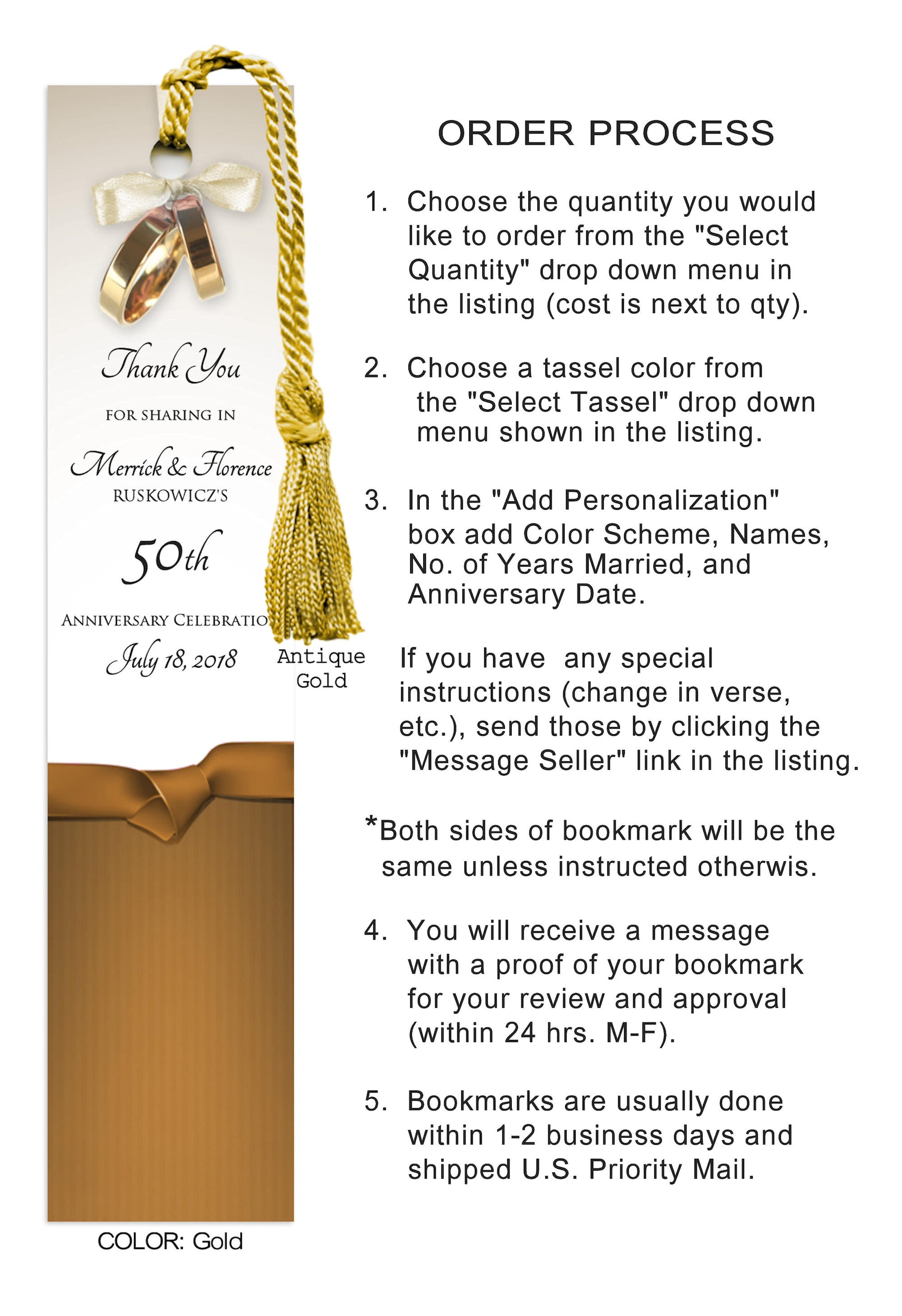 Anniversary Custom Bookmark Favor Bookmarks 25th 50th | Etsy