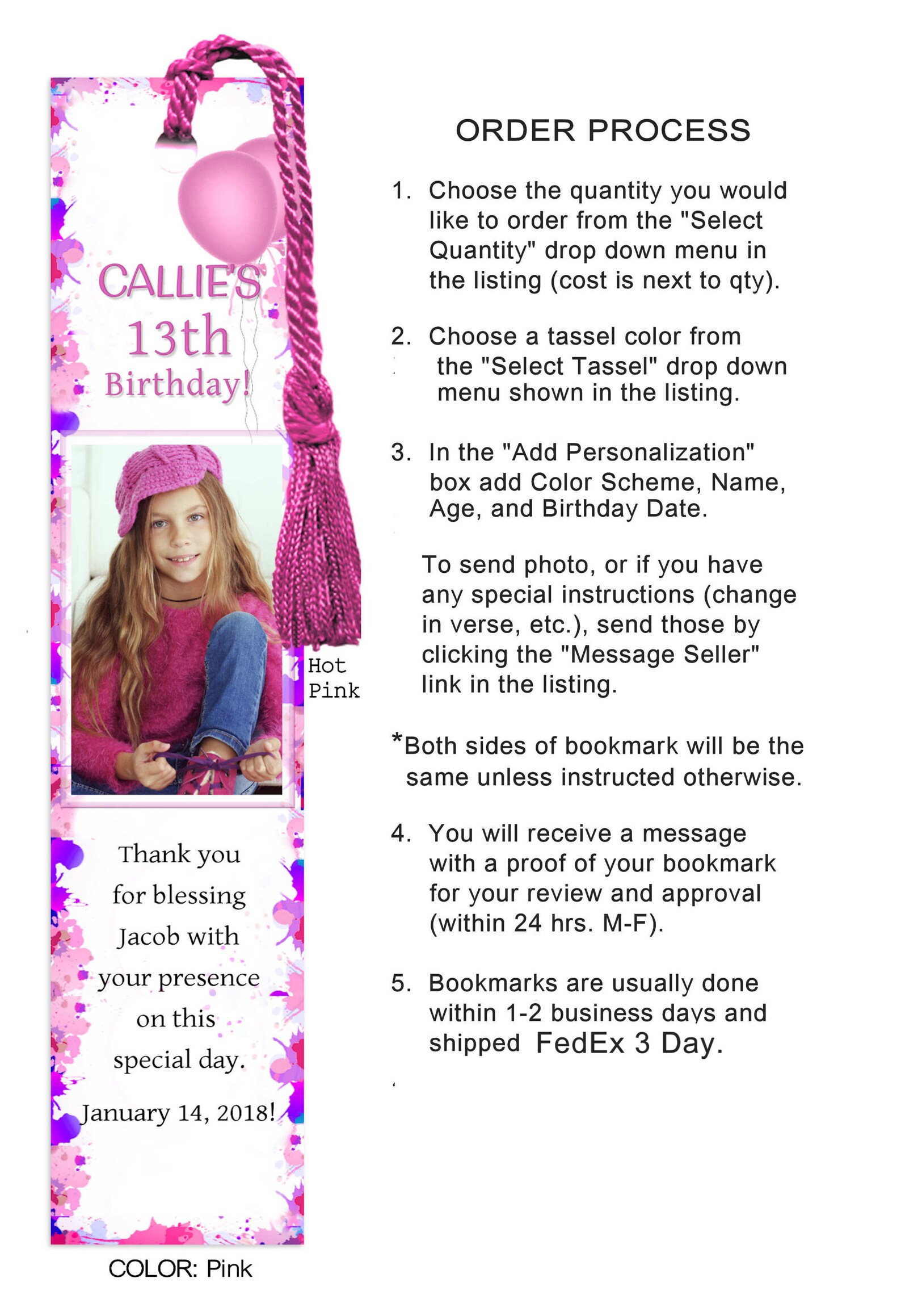 Personalized Laminated Custom Birthday Photo Bookmark (book Marks ...