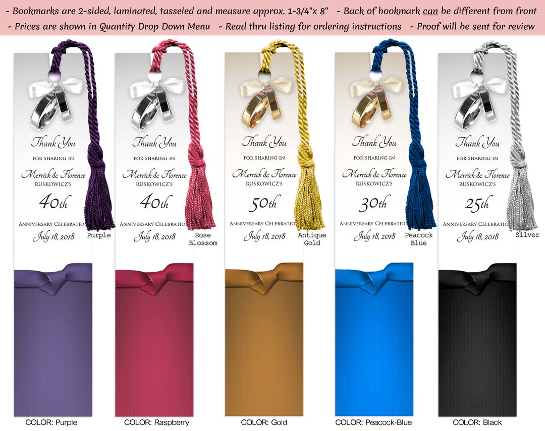 Anniversary Custom Bookmark Favor, Bookmarks, 25th, 50th Anniversary ...