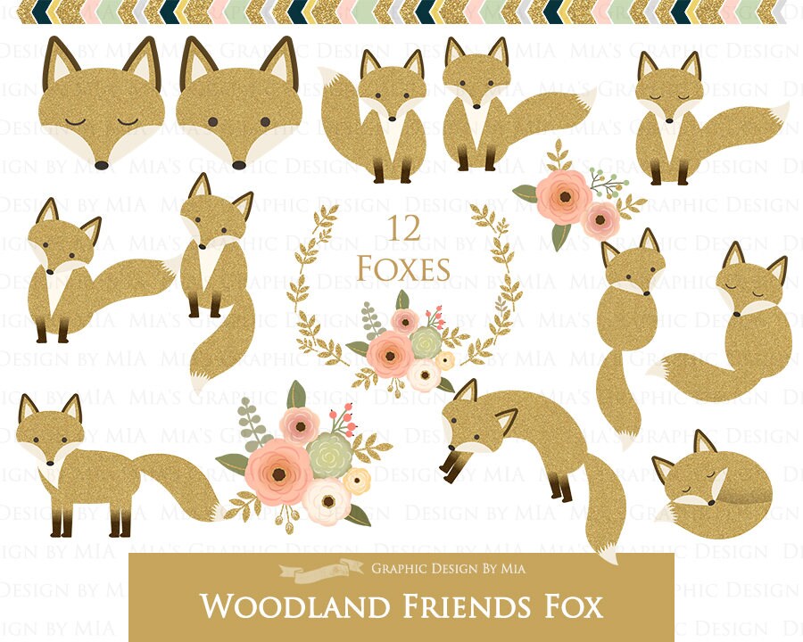 Fox Clipart Glitter Gold Fox Woodland Friends Fox Digital | Etsy