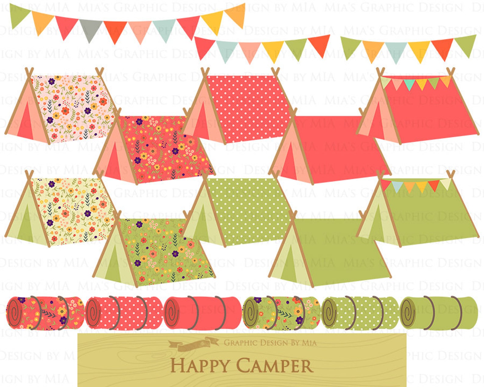 Happy Camper, Camping, Red & Green Clip Art + Digital Paper Set ...