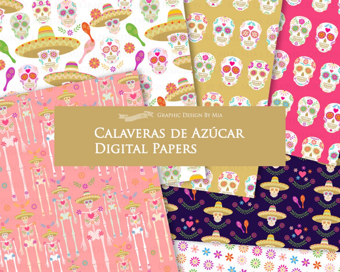 Sugar Skull Calaveras De Azúcar Clip Art Digital Paper Set | Etsy