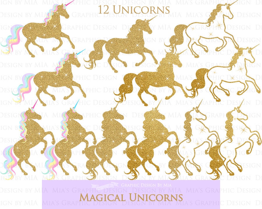 Magical Unicorns, Gold Glitter Unicorns, Einhorn, Unicorn Digital ...
