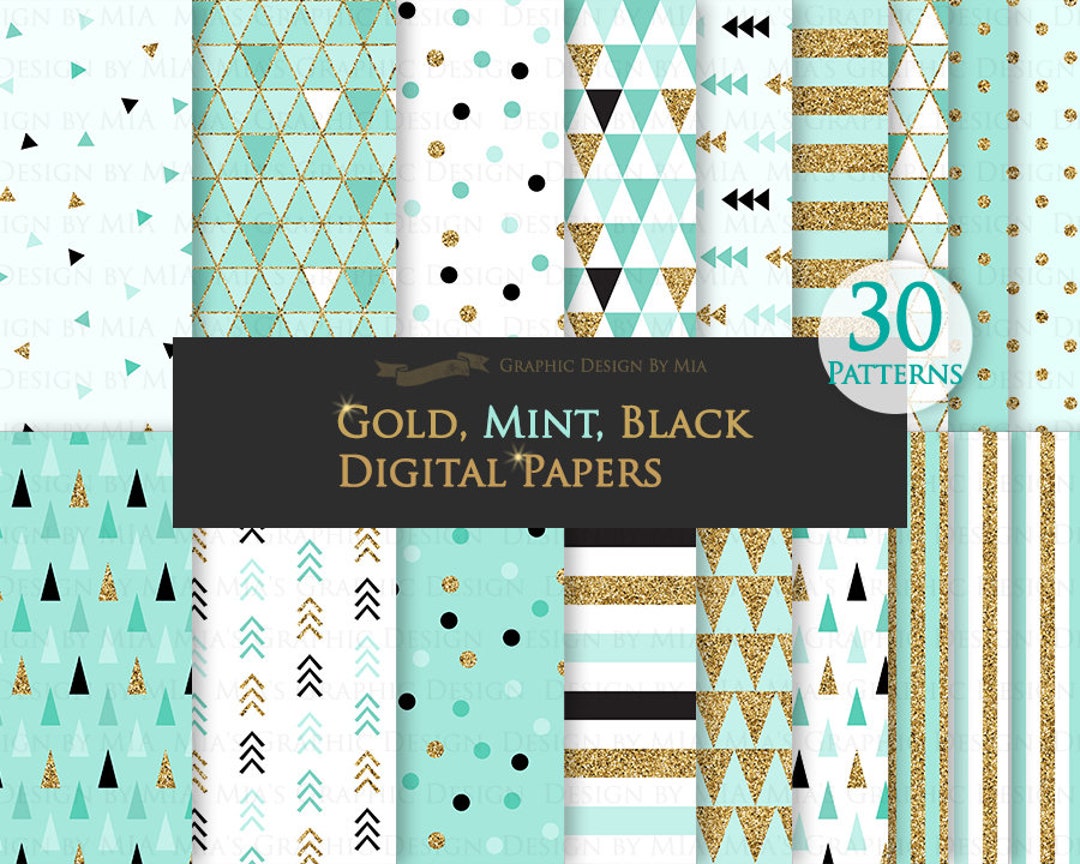 Gold, Mint, Black, Gold Glitter Digital Paper Pack - Instant Download ...