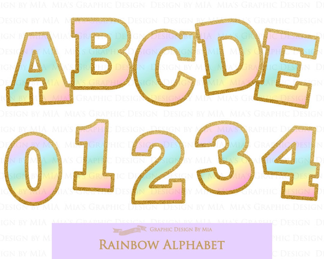 Rainbow Alphabet & Numbers, Gold Glitter Gradient Letters, Capital ...
