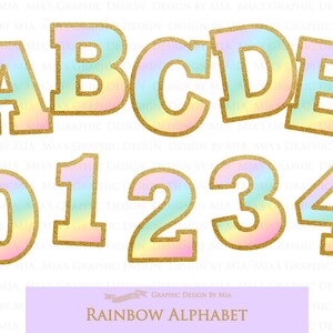 Rainbow Alphabet & Numbers, Gold Glitter Gradient Letters, Capital ...
