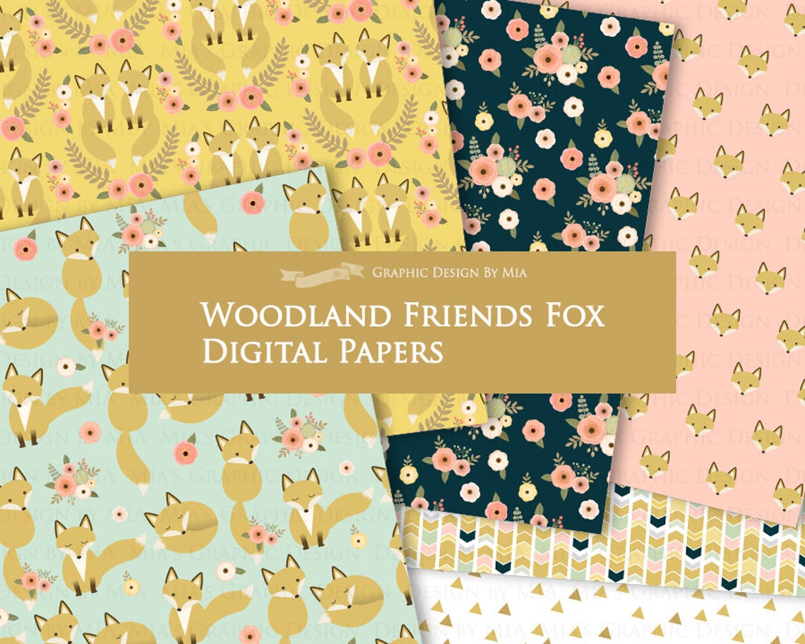 Fox Digital Paper Flat Gold Fox Woodland Friends Fox | Etsy