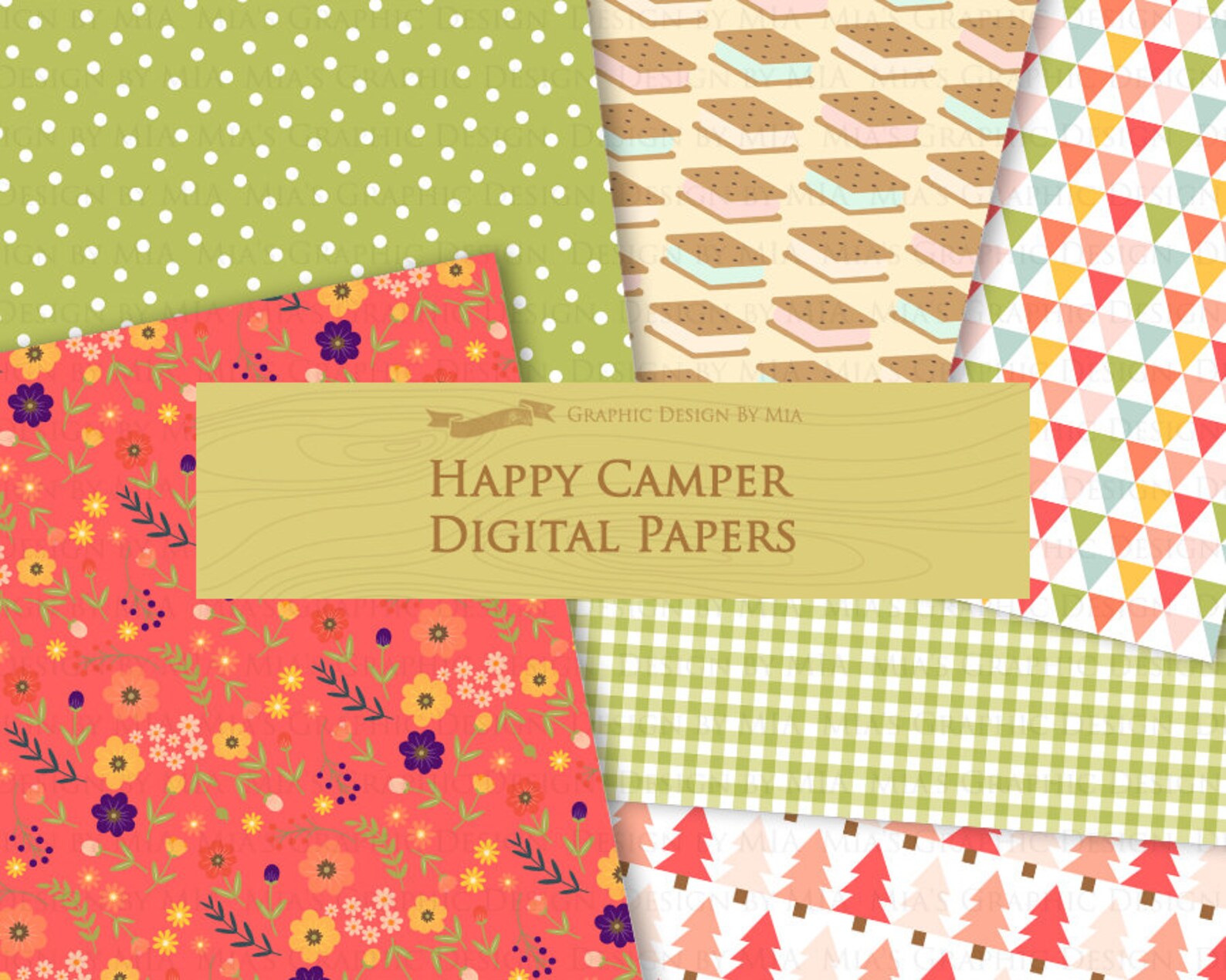 Camping Digital Paper Happy Camper Camping Red & Green - Etsy