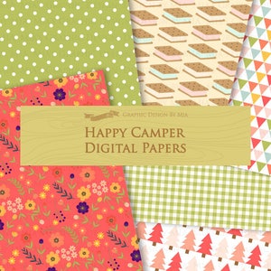 Camping Digital Paper, Happy Camper, Camping, Red & Green Digital Paper ...