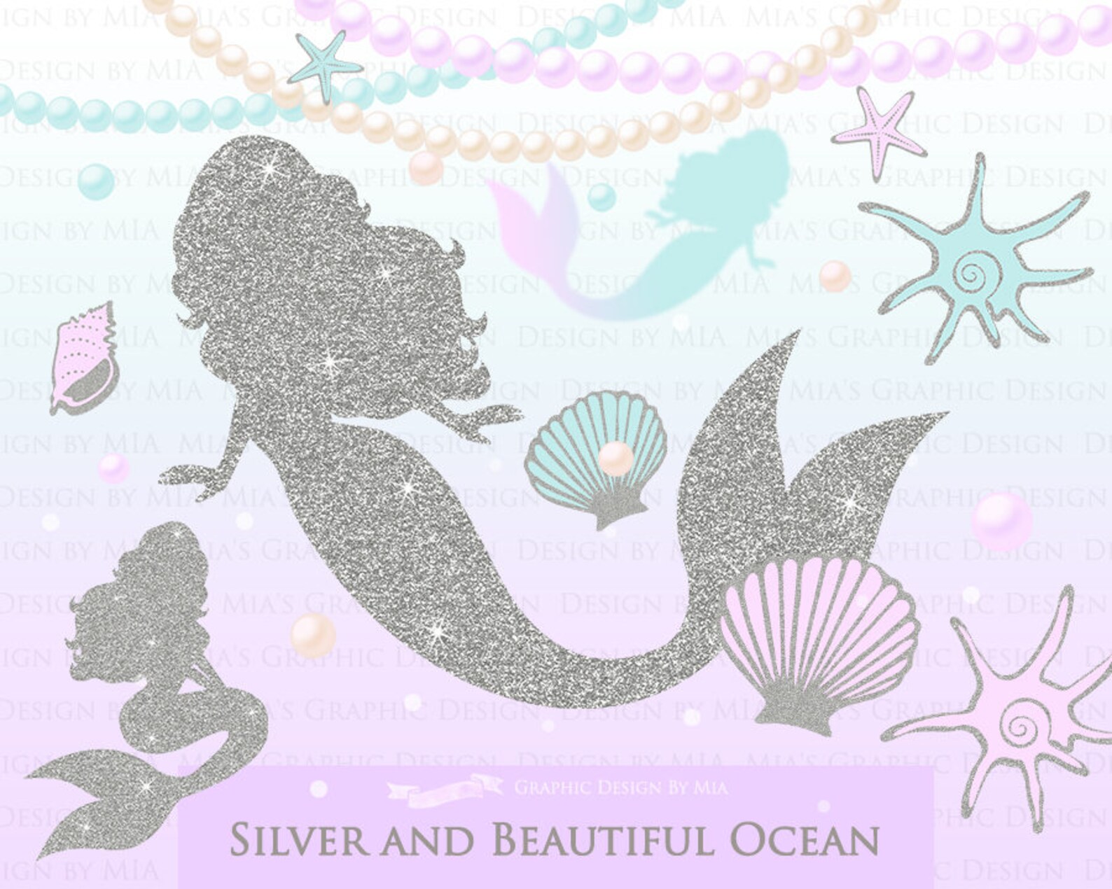 Silver Mermaid Clip Art Digital Paper Set Mermaid Digital | Etsy