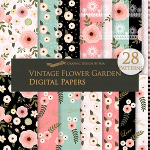 Vintage Flower Garden, Black, Pink, Antique Teal, Flower Digital ...