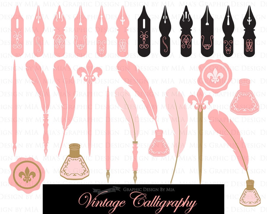 Calligraphy and Swirls / Pink Clip Art + Digital Paper Set - Instant ...