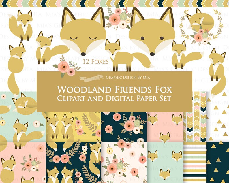 Fox Clipart Flat Gold Fox Woodland Friends Fox Digital Fox - Etsy