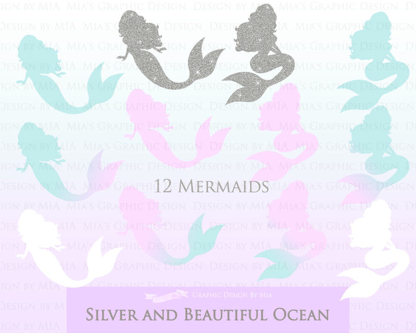 Silver Mermaid Clip Art Digital Paper Set Mermaid Digital | Etsy