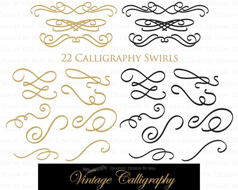 Calligraphy and Swirls / Gold and Black Clip Art Instant - Etsy