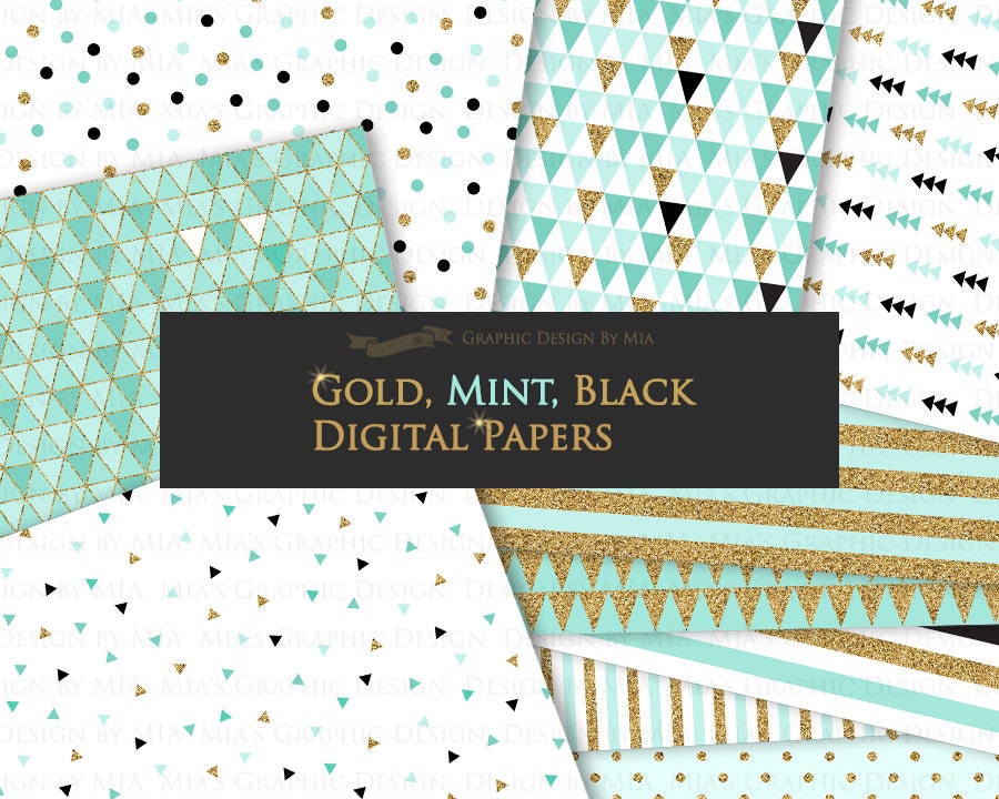Gold Mint Black Gold Glitter Digital Paper Pack Instant | Etsy