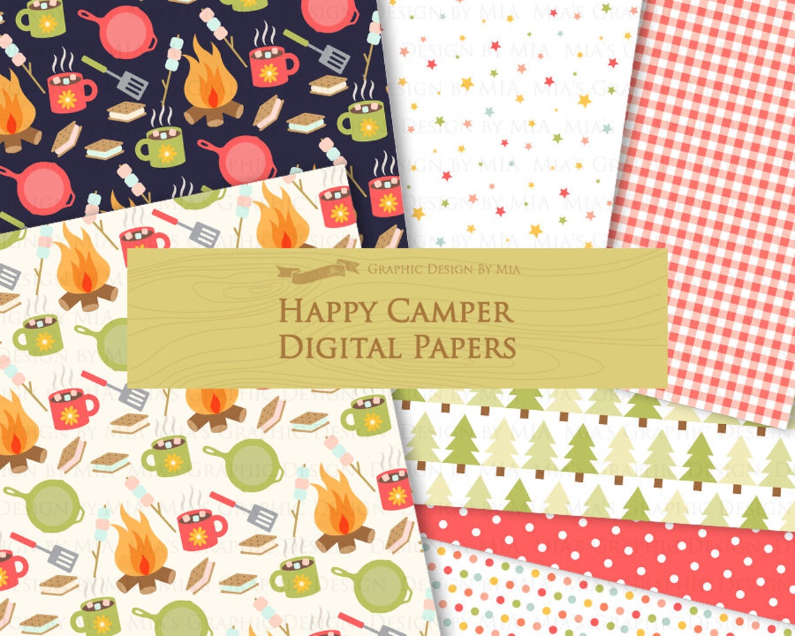 Camping Digital Paper Happy Camper Camping Red & Green - Etsy